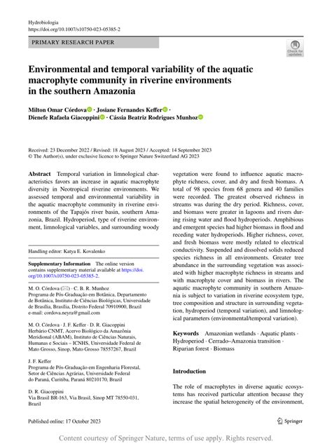 Environmental And Temporal Variability Of The Aquatic Macrophyte Community In Riverine