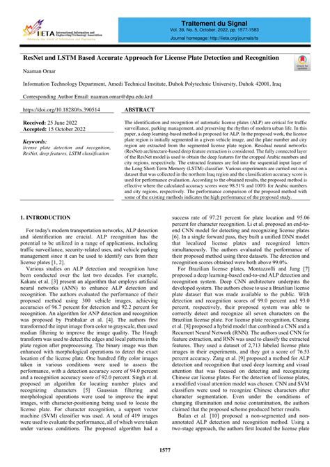 Pdf Resnet And Lstm Based Accurate Approach For License Plate Detection And Recognition