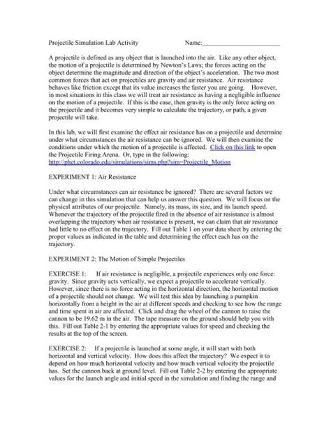 Projectile Simulation Lab Explorationpdf Phet