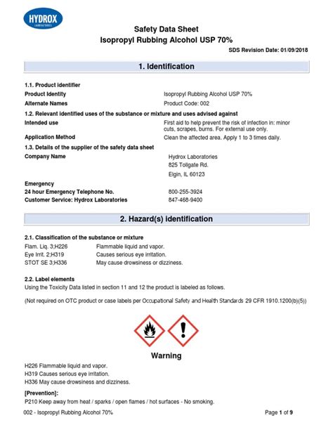 Msds For 70 Isopropyl Alcohol Pdf Toxicity Chemistry