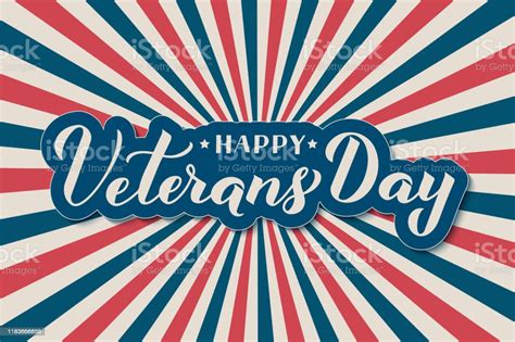 해피 재향 군인의 날 서예 손 문자입니다 미국 국기의 색상의 복고풍 애국 배경입니다 타이포그래피 배너 포스터 전단지 스티커 인사말 카드 엽서 등을위한 벡터 템플릿 Us