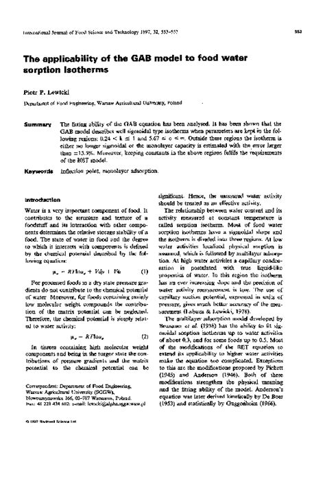 Pdf The Applicability Of The Gab Model To Food Water Sorption Isotherms