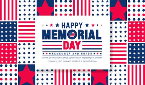 행복한 현충일 기하학적 모양 패턴 배경 템플릿으로 타이포그래피를 기억하고 기립니다 미국 국기 배너 디자인이 있는 미국 국경일입니다 미국 메모리얼 데이에 대한 스톡 벡터 아트
