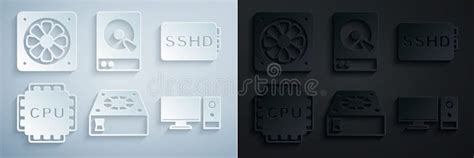 Set Computer Cooler Sshd Card Processor With Cpu Monitor Hard Disk Drive Hdd And Icon