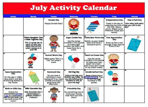 Free Printable July Activity Calendar Activities Homeschool Freebies