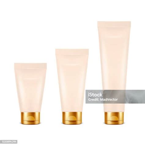 벡터 3d 현실적인 플라스틱 금속 베이지 투스 페이스트 크림 튜브 흰색 배경에 고립 된 황금 모자 세트와 포장 치약의 디자인
