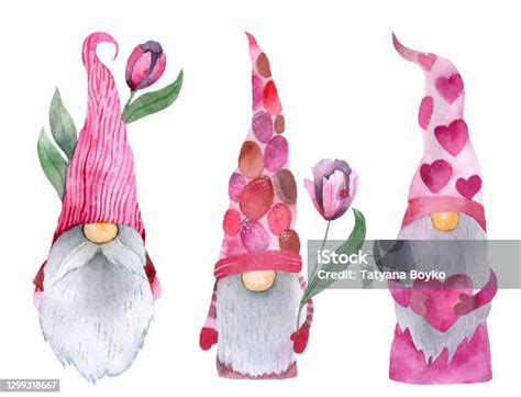 발렌타인 데이 카드 선물 티셔츠 머그잔 스티커 스크랩북 공예품 및 디자인에 분홍색 모자를 쓰고 하트가 있는 귀여운 노움 귀여운에 대한 스톡 벡터 아트 및 기타 이미지