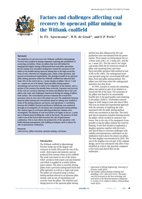 Pdf Factors And Challenges Affecting Coal Recovery By Opencast Pillar Mining In The Witbank