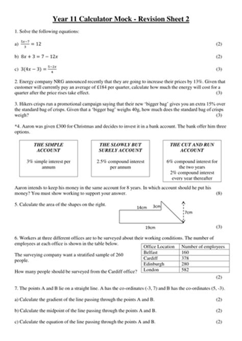 Gcse Higher Tier Calculator Revision Sheets Teaching Resources