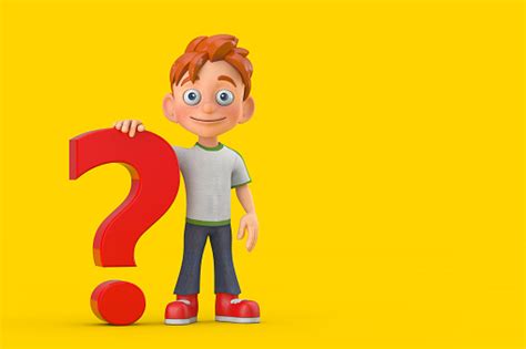 만화 리틀 보이 십대 사람 캐릭터 마스코트 빨간 물음표 기호 3d 렌더링 개념에 대한 스톡 사진 및 기타 이미지 개념 교육 노랑 Istock
