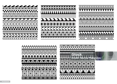 벡터 민족 이음새가 없는 무늬의 집합 마오리 문신 스타일의 장식품 팔찌 0명에 대한 스톡 벡터 아트 및 기타 이미지 0명 검은색 기하 도형 Istock