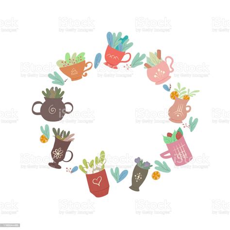 단풍과 다양한 재료와 차의 평면 장식 컵 라운드 프레임 계피 민트 레몬 딸기 단풍을 곁들인 여름 차 마법의 벡터 서클 템플릿 0