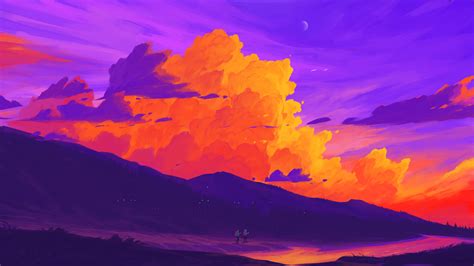 배경 화면 Bisbiswas 디지털 아트 삽화 경치 구름 4k 하늘 산들 자연 나무 숲 달 일몰 서명 3840x2160 Specter0