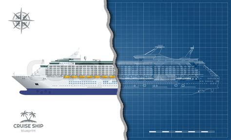 Isolated Blueprint Of Cruise Ship Side View Realistic 3d Liner Detailed Drawing Of Modern