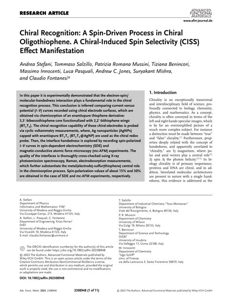 Pdf Chiral Recognition A Spin‐driven Process In Chiral Oligothiophene A Chiral‐induced Spin