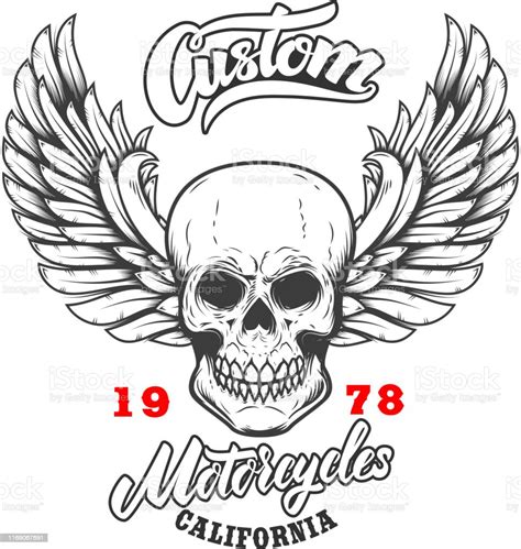 사용자 정의 오토바이 날개 달린 두개골이있는 포스터 템플릿 포스터 전단지 카드 배너에 대한 디자인 요소 벡터 일러스트레이션 Biker Gang에 대한 스톡 벡터 아트 및