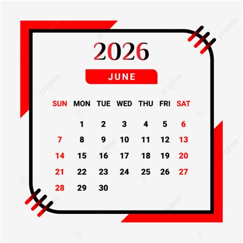 Calendario Del Mes De Junio De 2026 Con Negro Y Rojo Vector Png