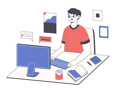 Premium Vector Distant Freelance Worker Male Character Work With Computer Freelance Worker