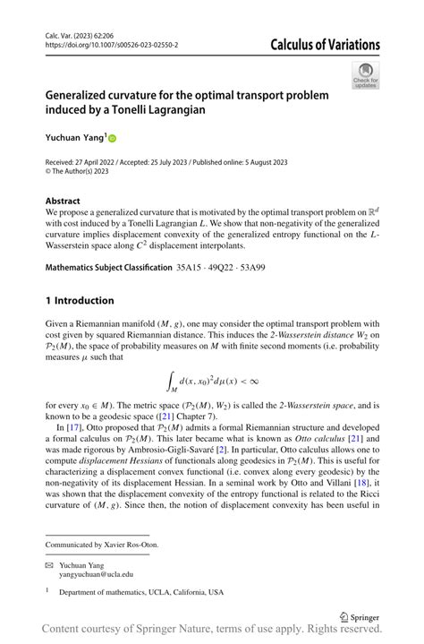 Pdf Generalized Curvature For The Optimal Transport Problem Induced