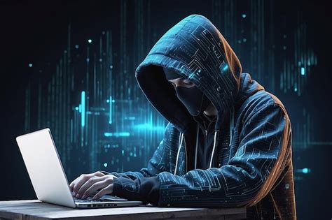 Hacker In A Hood Using A Laptop Coding And Data On A Code Background Digital Symbols And