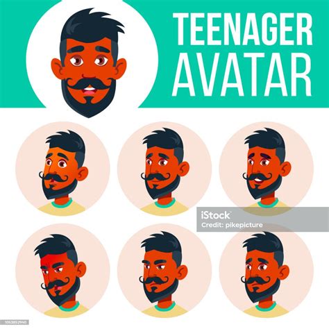 십 대 소년 아바타 설정된 벡터입니다 인도 힌두교 아시아 얼굴의 감정 식 긍정적인 사람입니다 아름다움 라이프 스타일입니다 만화 머리 그림 고등학교 이하에 대한 스톡 벡터