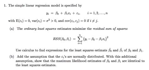 Solved The Simple Linear Regression Model Is Specified By Chegg