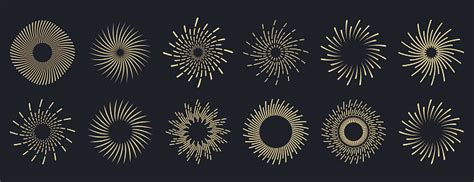 선버스트 컬렉션 방사형 일몰 광선 황금 빛빛을 파열 불꽃놀이 로고 타입 또는 글자 디자인 요소 플랫 벡터 그림입니다 눈 냉동상태의 물에 대한 스톡 벡터 아트 및 기타 이미지