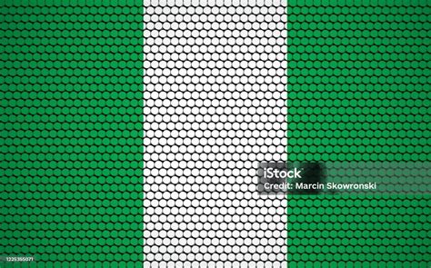 원으로 만든 나이지리아의 추상 국기 나이지리아 국기는 현대적이고 미래지향적 인 추상적 인 모습을주는 컬러 점으로 설계되었습니다 0명에 대한 스톡 벡터 아트 및 기타 이미지