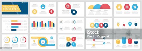 그래프와 차트가있는 다목적 프리젠 테이션 템플릿 슬라이드에 대한 노란색 파란색 및 빨간색 요소 세트 다이어그램에 대한 스톡 벡터