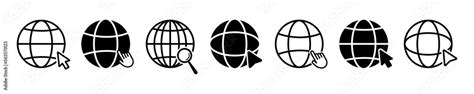 Set Of Globe With Cursor Vector Icons Web Globe With Pointer Finger Mouse And Magnifying