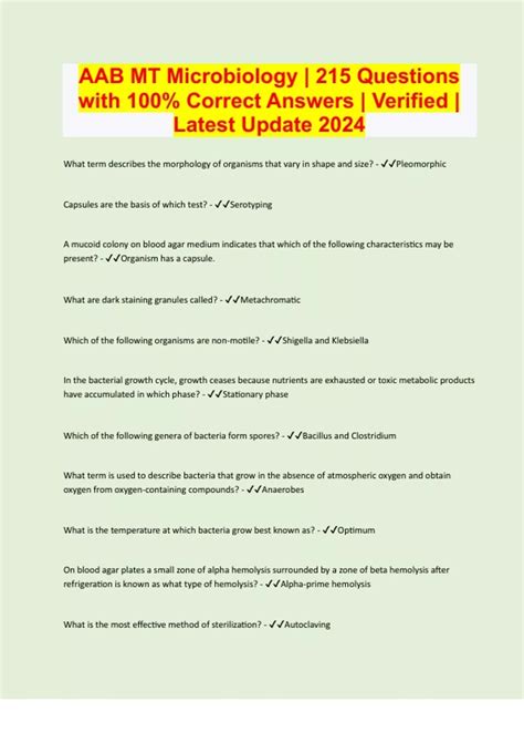 Aab Mt Microbiology 215 Questions With 100 Correct Answers Verified Latest Update 2024