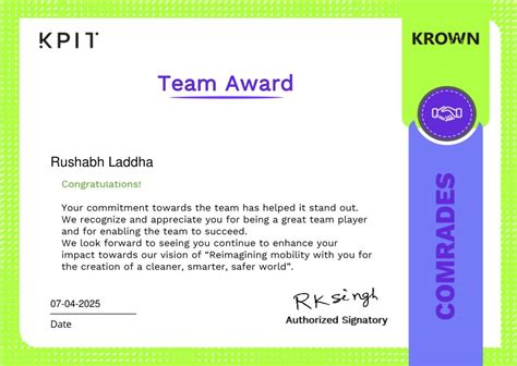 Kpit Recognition Teamwork Teamaward Rushabh Laddha