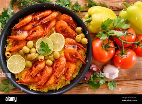 Rice Paella With Shrimp Saffron And Olive Oil Spanish National Dish
