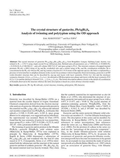 Pdf The Crystal Structure Of Gustavite Pbagbi 3 S 6 Analysis Of