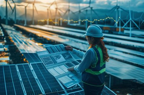 Premium Photo Female Engineer Inspecting Solar Panels At Sunset