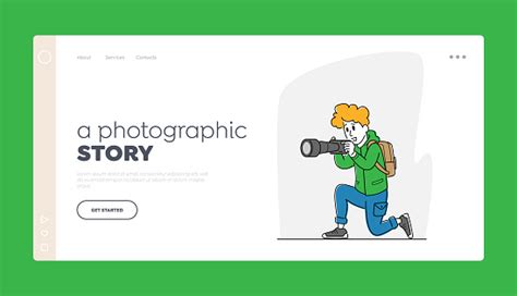 파파라치 문자 방문 페이지 템플릿 여성 사진 작가 배낭과 사진 카메라와 관광 사진 만들기 가방에 대한 스톡 벡터 아트 및 기타 이미지 Istock