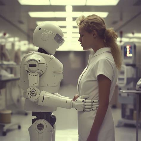 woman in white dress standing next to robot in hospital room empathetic
