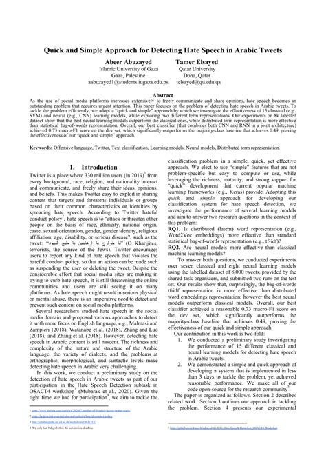 Pdf Quick And Simple Approach For Detecting Hate Speech In Arabic Tweets