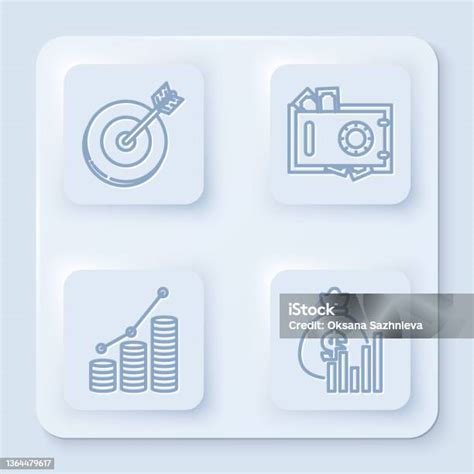 세트 라인 대상 안전 및 돈 원형 차트 인포 그래픽과 동전과 돈 가방과 다이어그램 그래프를 설정합니다 흰색 정사각형 버튼 벡터 0명에 대한 스톡 벡터 아트 및 기타 이미지