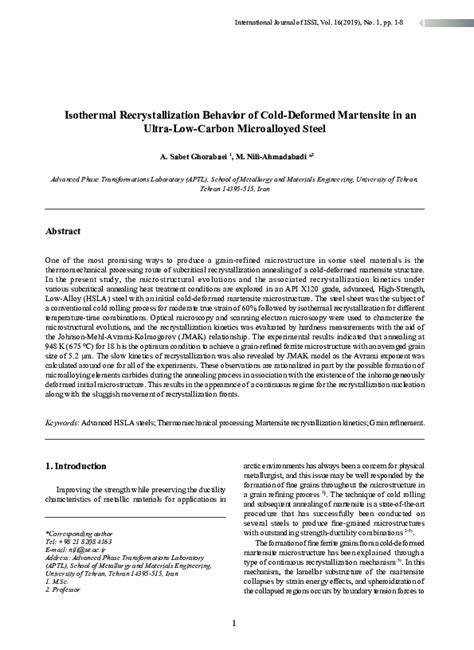 Pdf Isothermal Recrystallization Behavior Of Cold Deformed Martensite In An Ultra Low Carbon