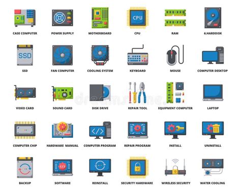 Computer Hardware Icons Flat Color Motherboard Cpu Chip Case Computer Stock Vector
