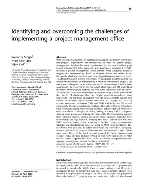 Pdf Identifying And Overcoming The Challenges Of Implementing A Project Management Office
