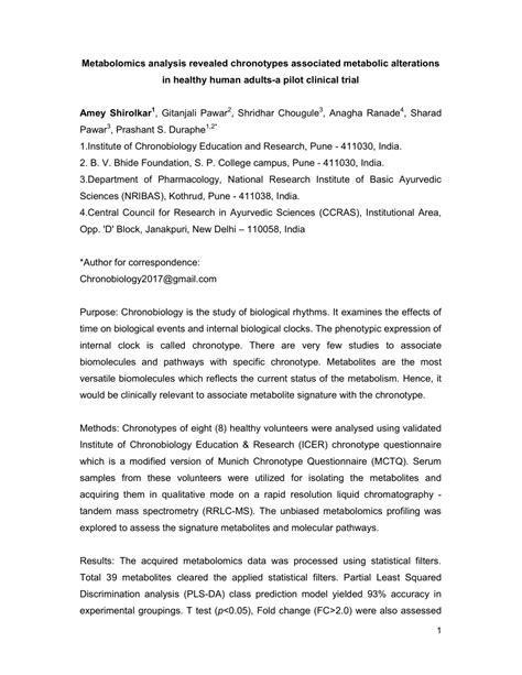 PDF Metabolomics Analysis Revealed Chronotypes Associated Metabolic Alterations In Healthy