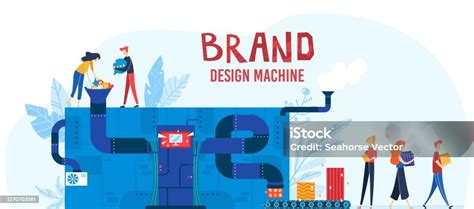 브랜딩 프로세스 벡터 일러스트레이션 만화 플랫 디자이너 인력 엔지니어링 컨베이어 라인이 있는 개념 브랜드 머신 사용 개념에 대한
