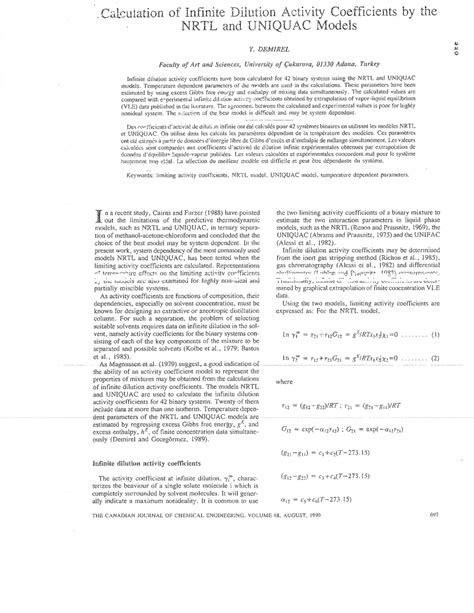 Pdf Calculation Of Infinite Dilution Activity Coefficients By The Nrtl And Uniquac Models