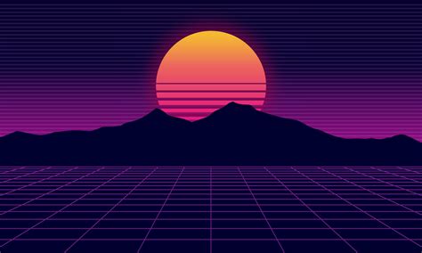 Vaporwave Futuristic 80s Landscape And Sun On Background With 3d Grid