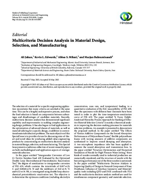 Pdf Multicriteria Decision Analysis In Material Design Selection