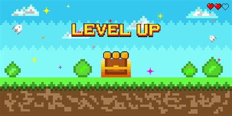 레벨을 올리세요 그리고 보물 상자 화면이 있는 픽셀 게임 레트로 8 비트 비디오 게임 인터페이스 푸른 하늘 나무 및 푸른 잔디가있는 자연 경관 픽셀화된 8비트 비디오 게임