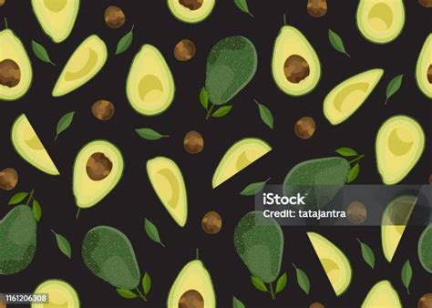 아보카도 원활한 패턴 전체 및 검은 배경에 슬라이스 과일 벡터 일러스트 구아카몰에 대한 스톡 벡터 아트 및 기타 이미지 구아카몰 포장지 0명 Istock