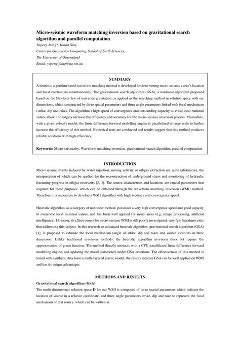 Pdf Micro Seismic Waveform Matching Inversion Based On Gravitational Search Algorithm And